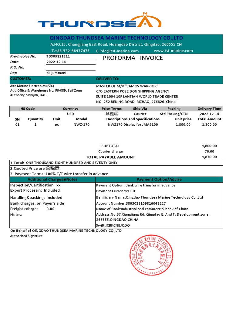 Thundsea Marine Proforma Invoice Details | PDF | Money | Business