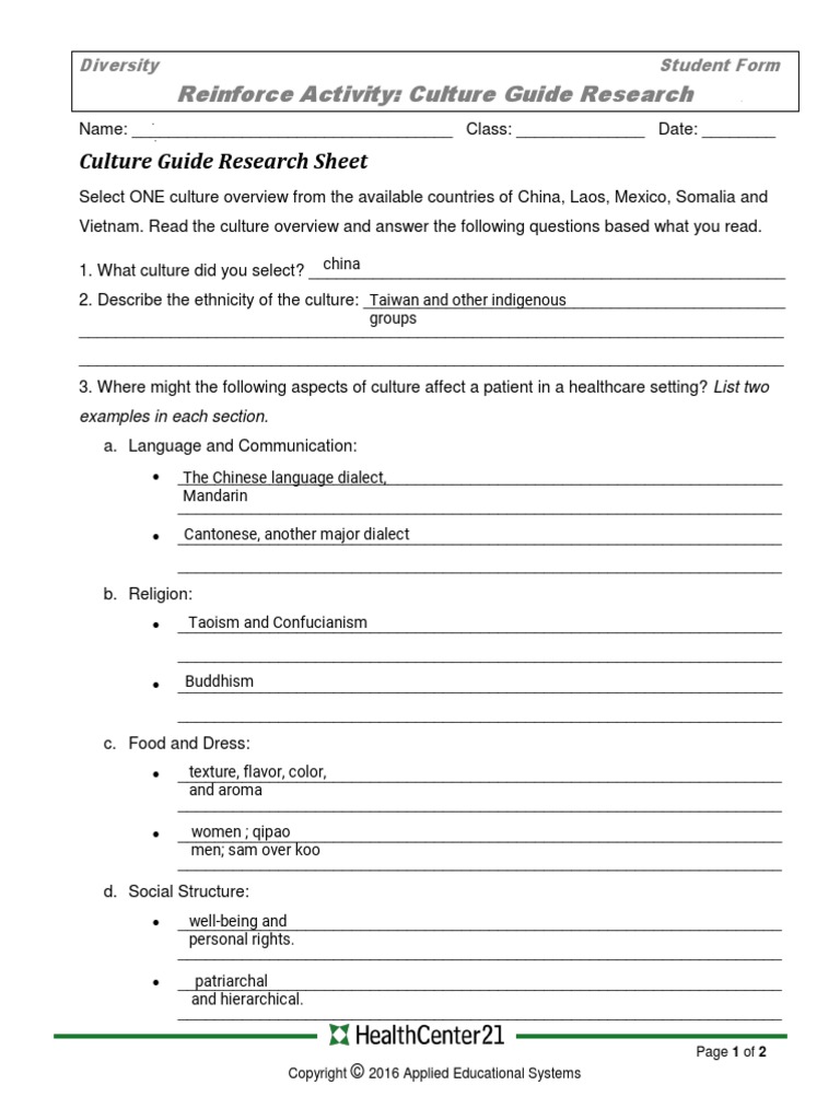 Student Material-Culture Guide Research Sheet | PDF | China | World ...