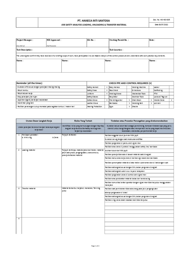 JSA Loading Unloading and Transfer Material | PDF
