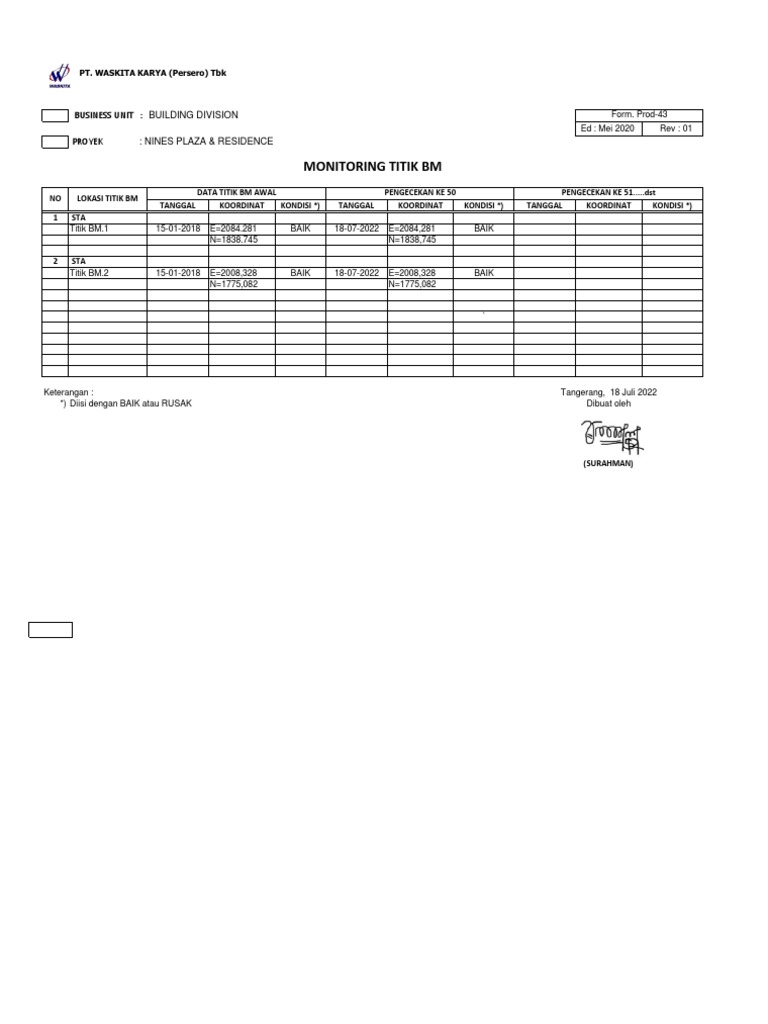 Form PROD 43 - Monitoring Titik BM | PDF