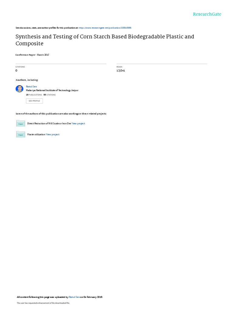 Synthesis and Testing of Corn Starch Based Biodegradable Plastic and ...