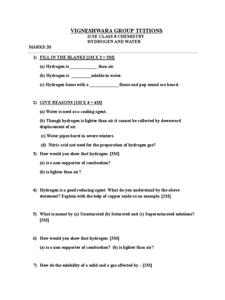 Icse Class 8 Chemistry Hydrogen and Water | PDF | Teaching Methods ...