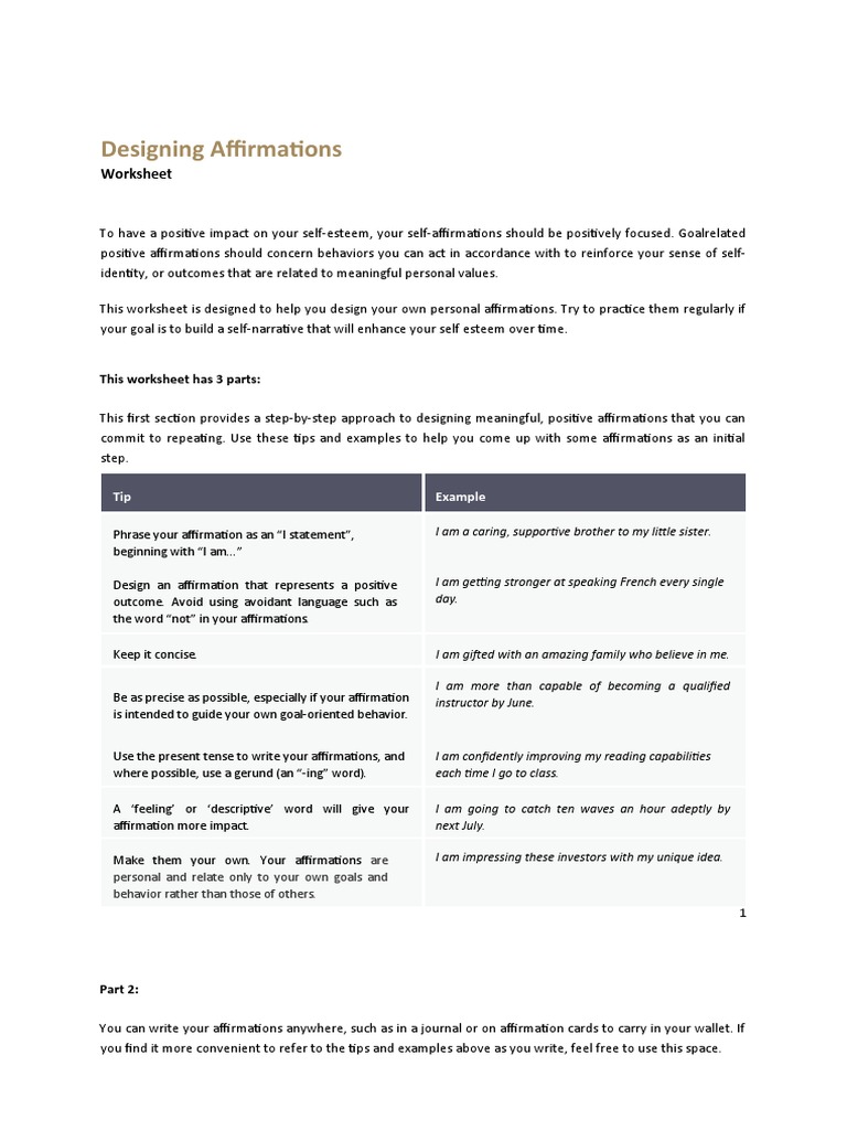 Designing Affirmations Worksheet | PDF | Affirmations (New Age) | Self ...