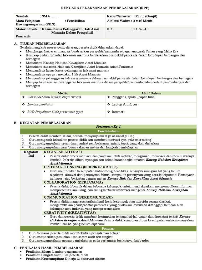 RPP I PKN Kelas 11 SEM 1 | PDF