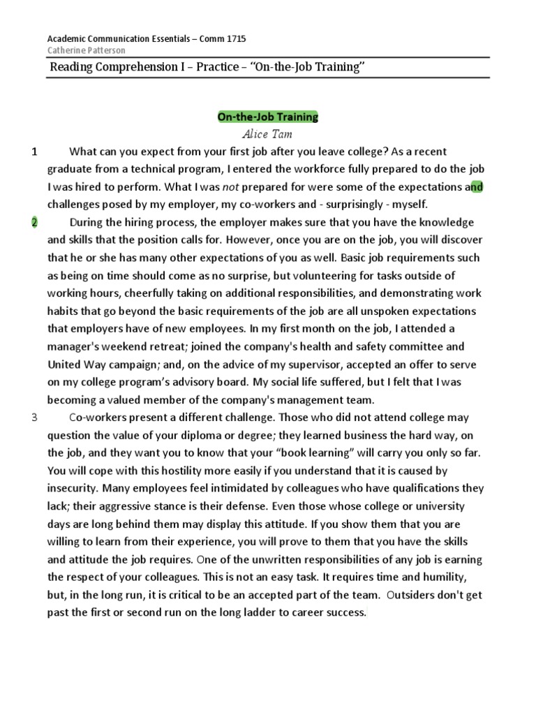 Reading Comprehension - On-The-Job Training - Passage | PDF ...