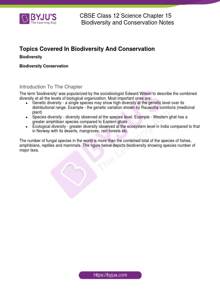 CBSE Class 12 Science Chapter 15 Biodiversity and Conservation Notes ...