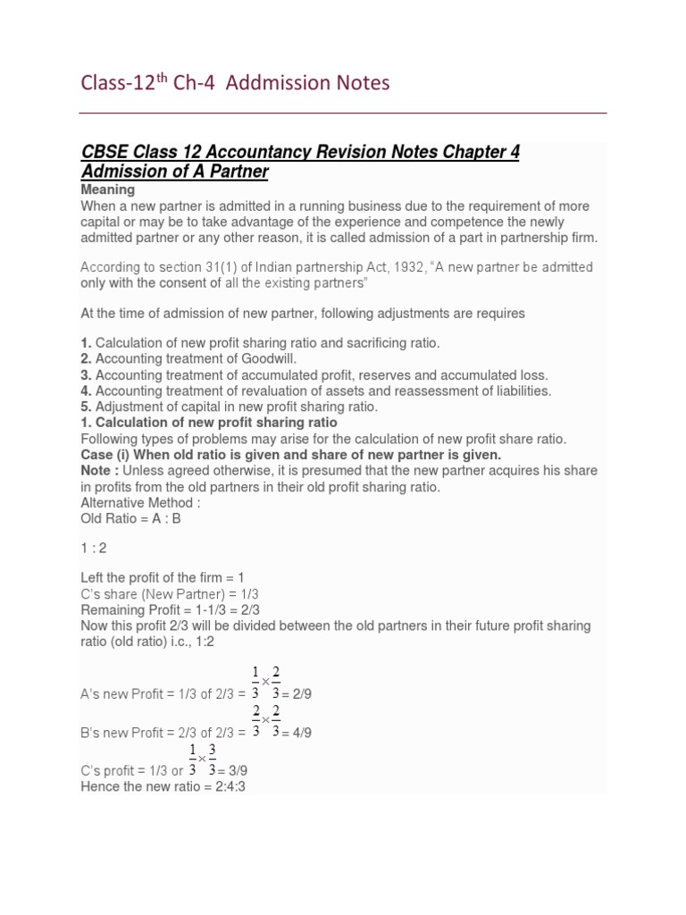 CBSE Class 12 Accountancy Chapter 4 Notes | PDF | Goodwill (Accounting ...