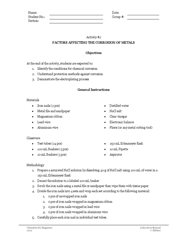 Extracted Pages From Laboratory Handout 3 - Factors Affecting The Corrosion of Metals | PDF ...