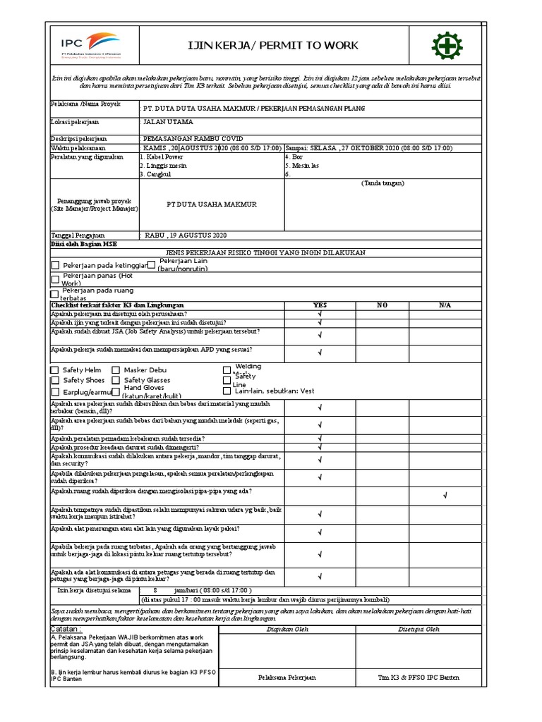 Format Izin Kerja dan Prosedur K3 | PDF