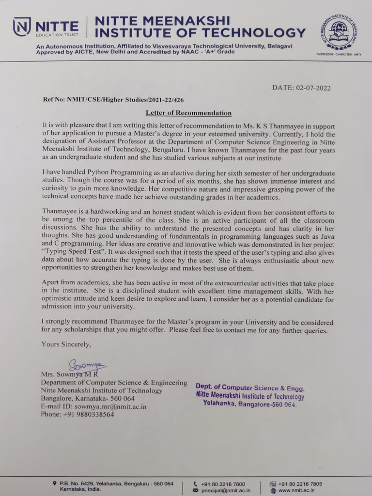 letter of recommendation. | PDF | University | Science