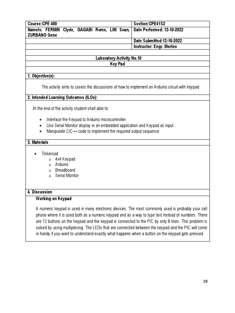 CPE400 Lab10 FERMIN GAGABI LIM ZURBANO | PDF | Arduino | Embedded System
