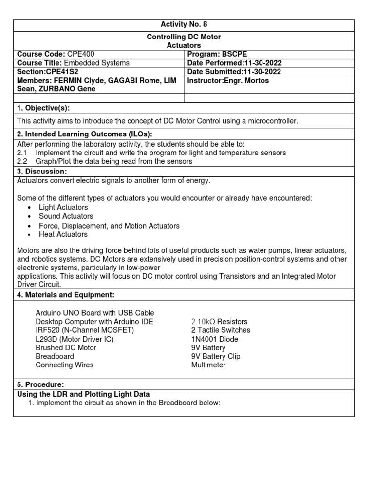 CPE400 Lab8 Fermin Gagabi Lim Zurbano | PDF | Arduino | Electric Motor