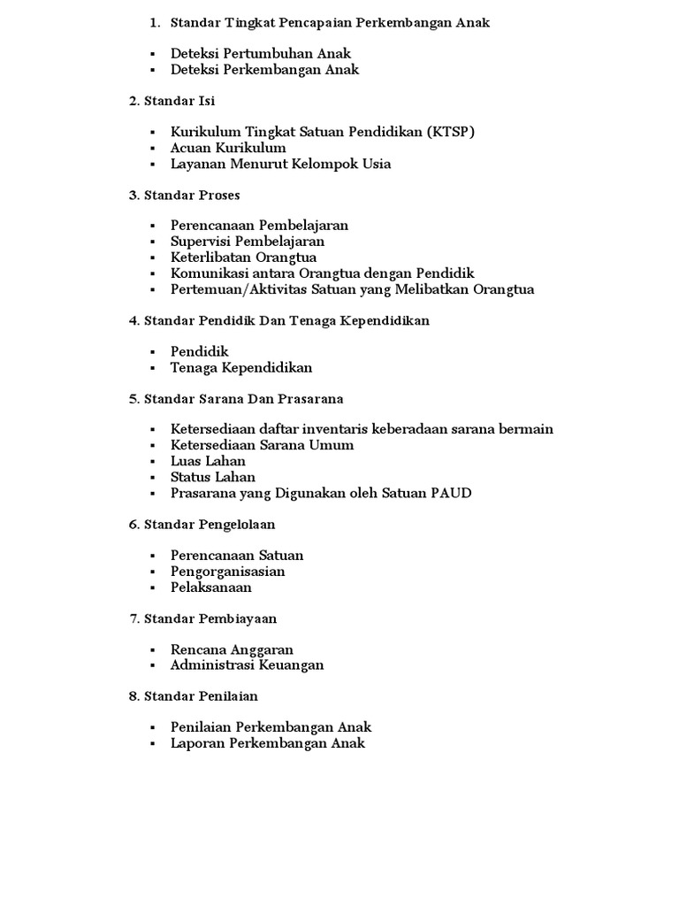 8 Standar Paud | PDF