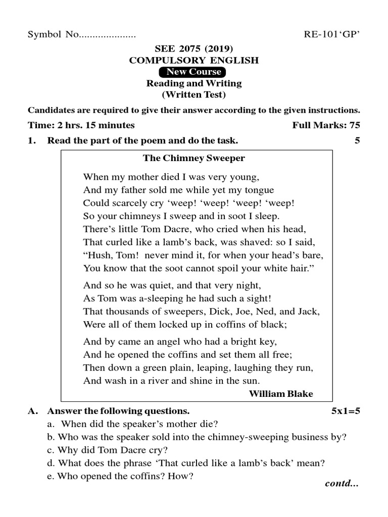 Compulsory English Class 10 (SEE) Question Paper 2075 (2019) RE-101'GP ...