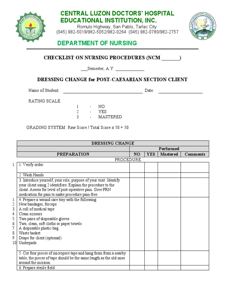 CHECKLIST ON DRESSING CHANGE For POST CS CLIENT | PDF | Surgery ...