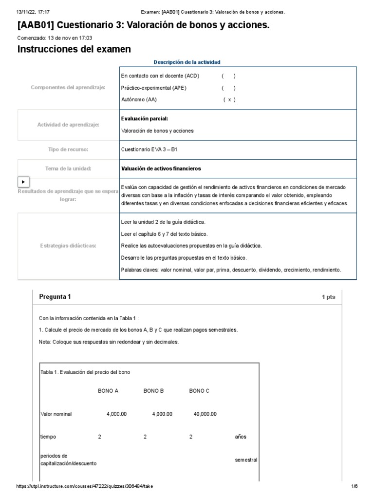 Examen - (AAB01) Cuestionario 3 - Valoración de Bonos y Acciones | PDF | Compartir (Finanzas ...