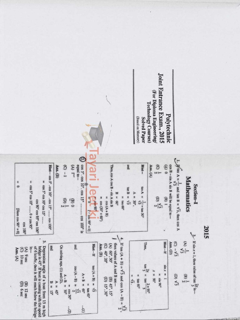 Up Polytechnic Entrance Exam 2015 Previous Year Solved Question Paper | PDF Up Polytechnic Entrance Exam 2015 Previous Year Solved Question Paper | PDF