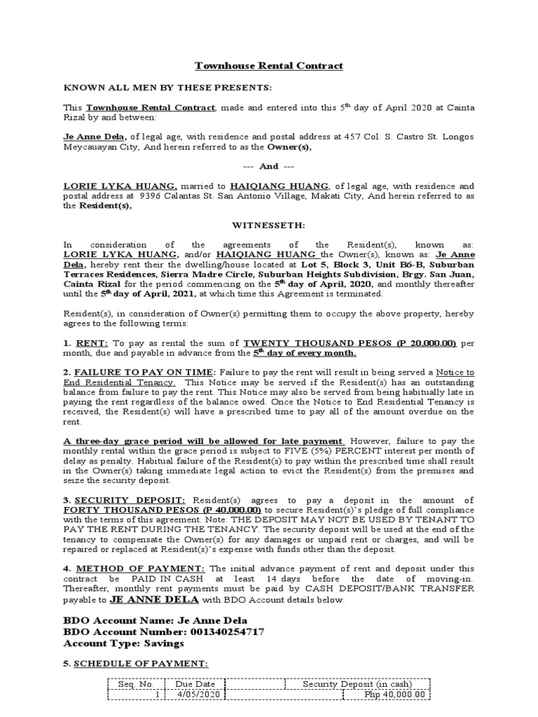 Townhouse Rental Contract Summary | PDF | Leasehold Estate | Lease