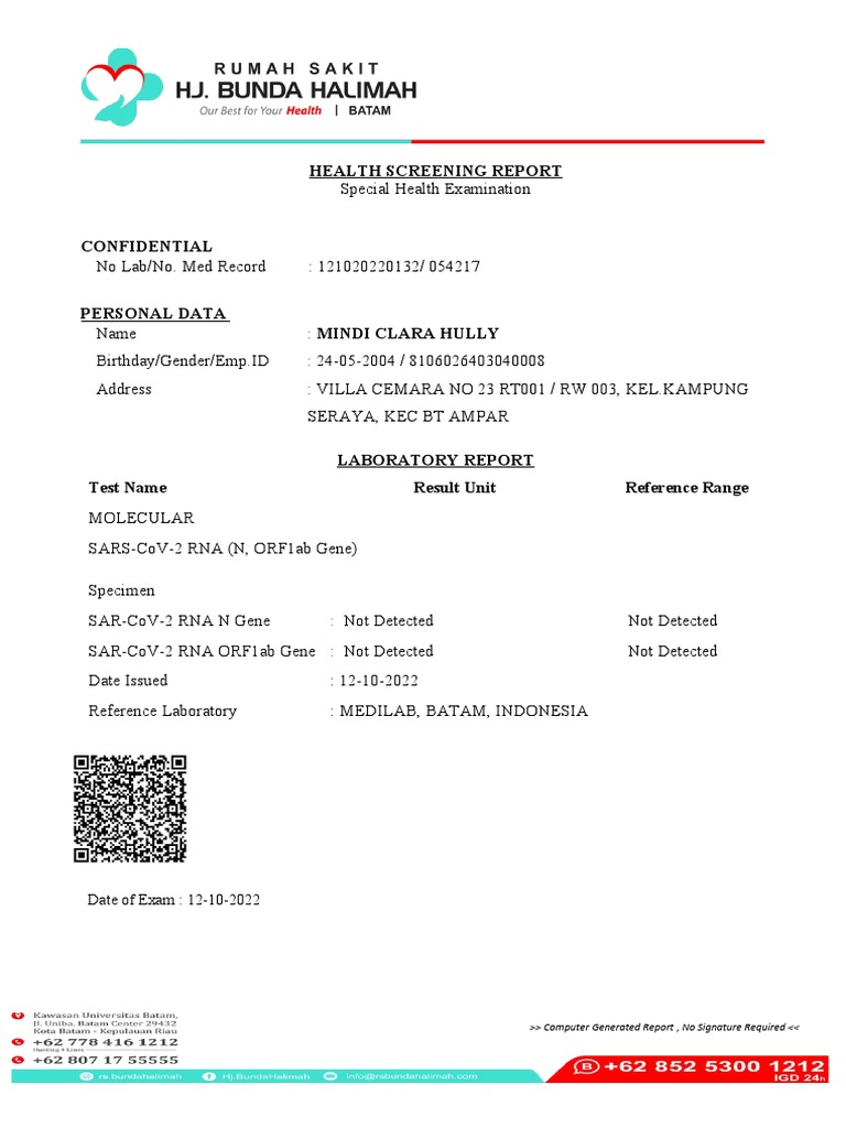 Health Screening Report: Date of Exam: 12-10-2022 | PDF