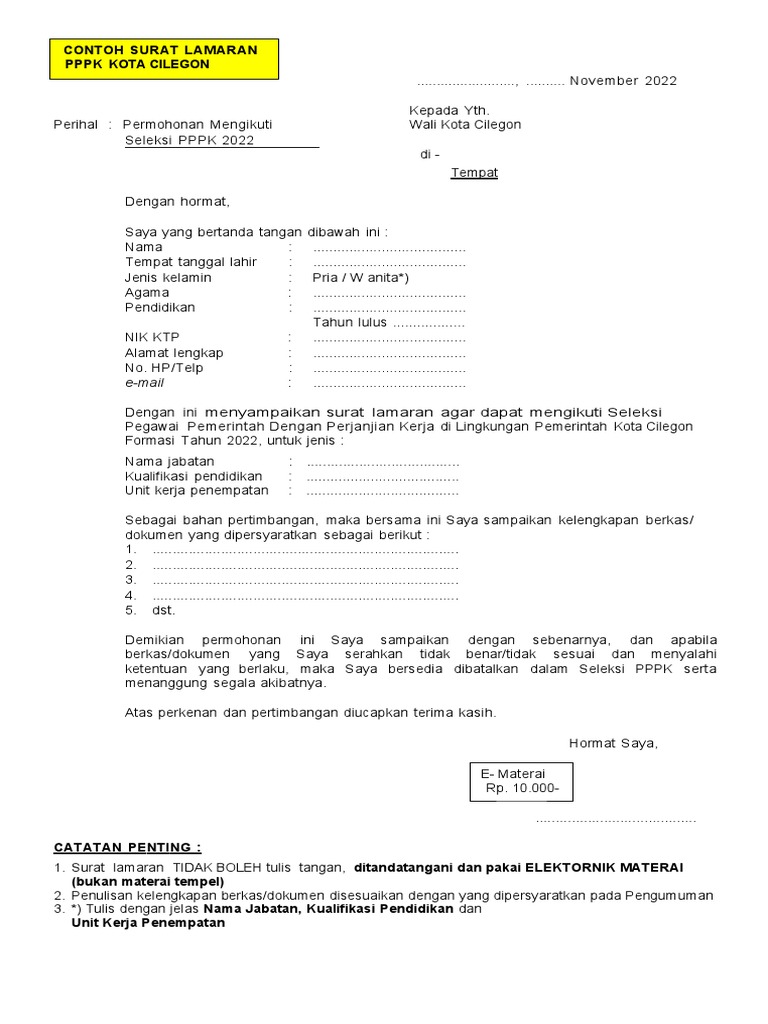 Contoh Format Surat Lamaran PPPK 2022 | PDF