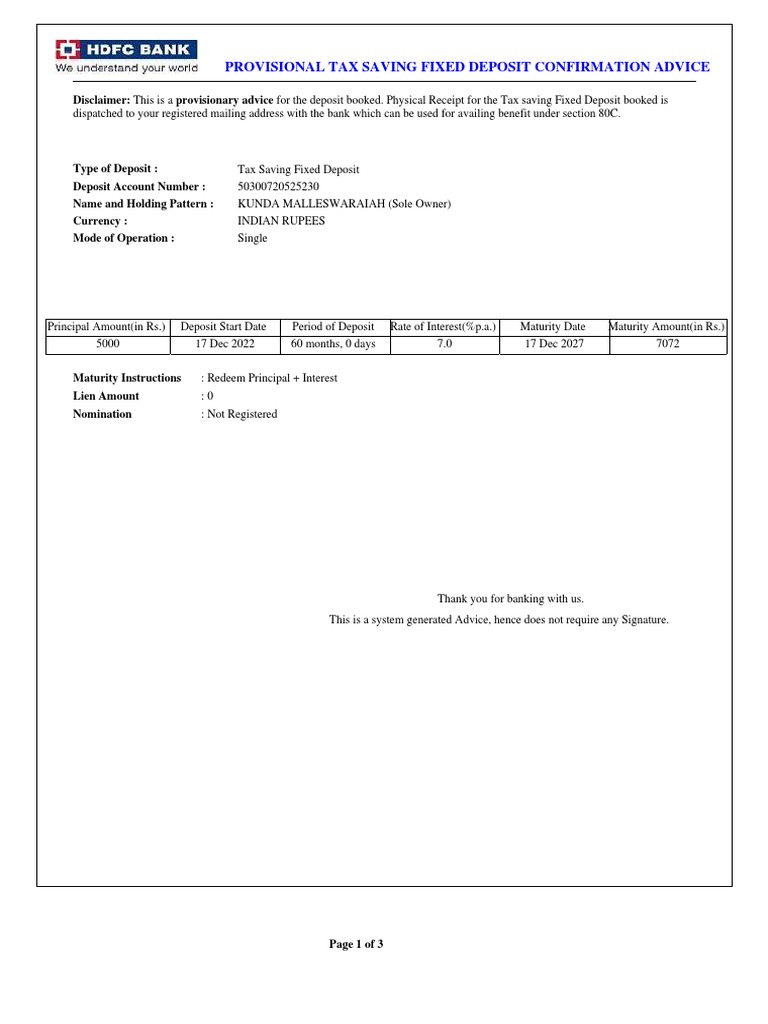 Provisional Tax Saving Fixed Deposit Confirmation Advice | PDF ...