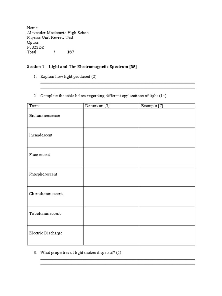Physics Review Test - Optics - Grade 10 | PDF | Refraction | Light