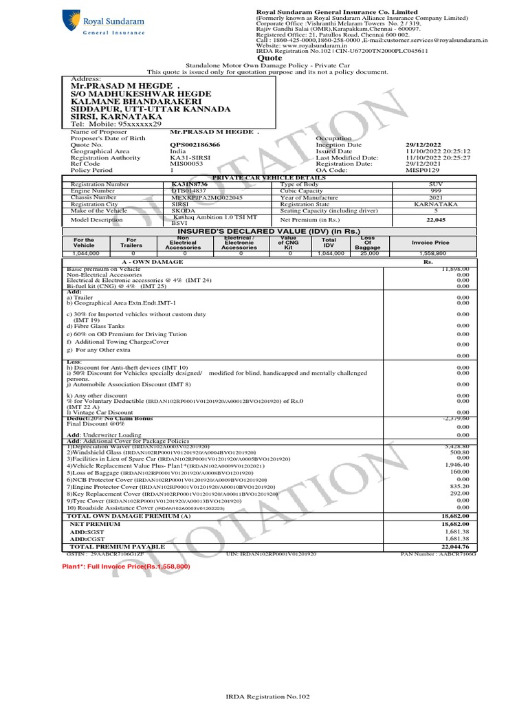 Policy Quotation | PDF | Insurance | Land Transport