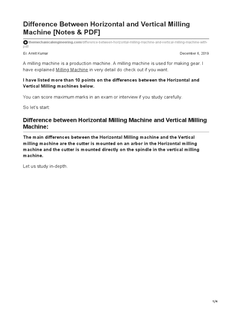 Difference Between Horizontal and Vertical Milling Machine Notes PDF ...