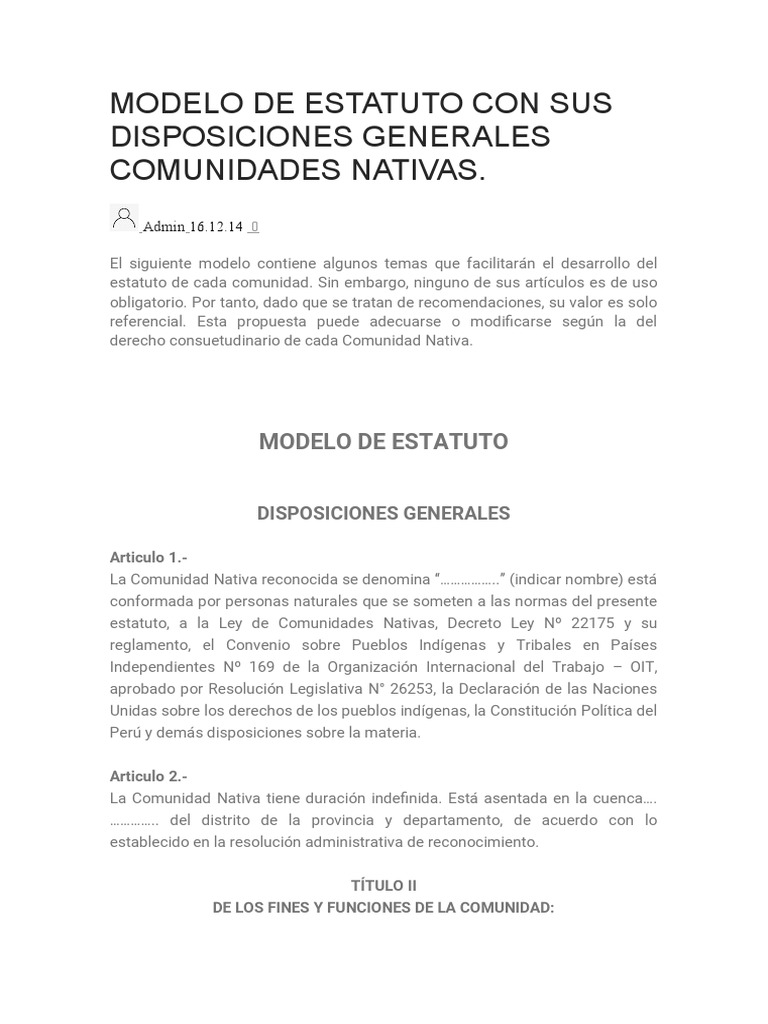 Modelo de Estatuto Con Sus Disposiciones Generales Comunidades Nativas ...