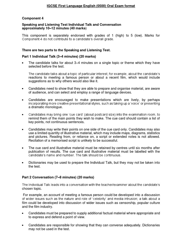 IGCSE First Language English 0500 Oral Exam Format | PDF | Test ... IGCSE First Language English 0500 Oral Exam Format | PDF | Test ...
