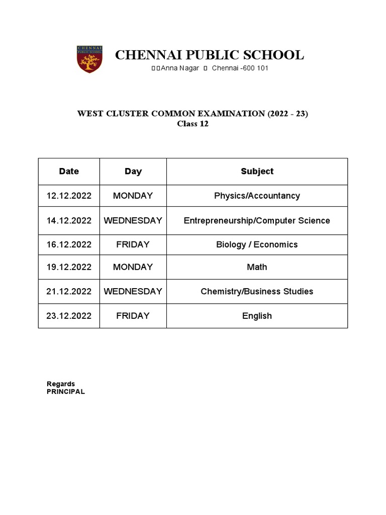 Chennai Public School: West Cluster Common Examination (2022 - 23 ...