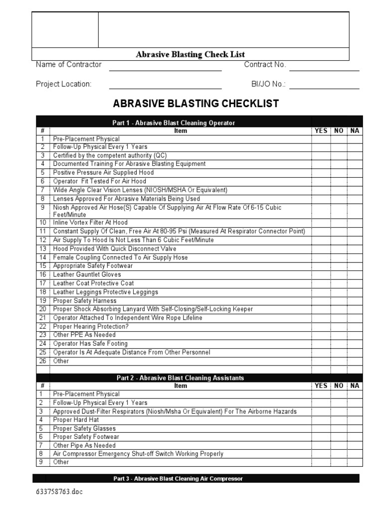 Abrasive Blasting Check List | PDF | Personal Protective Equipment | Safety