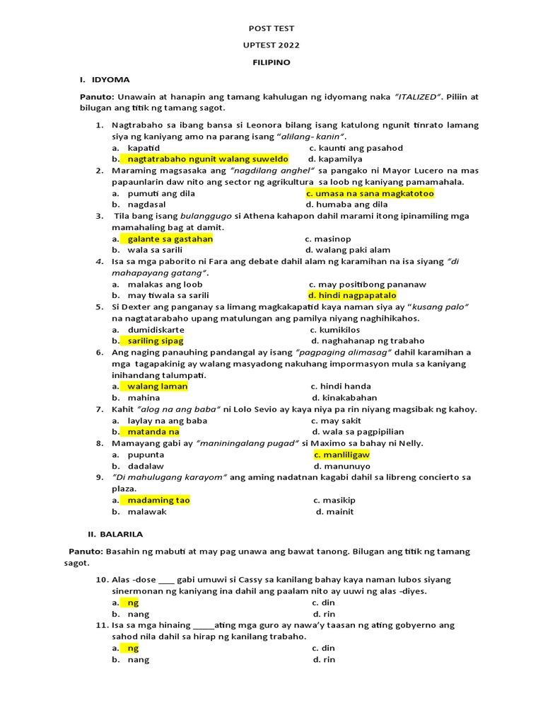 PostTest - FILIPINO | PDF