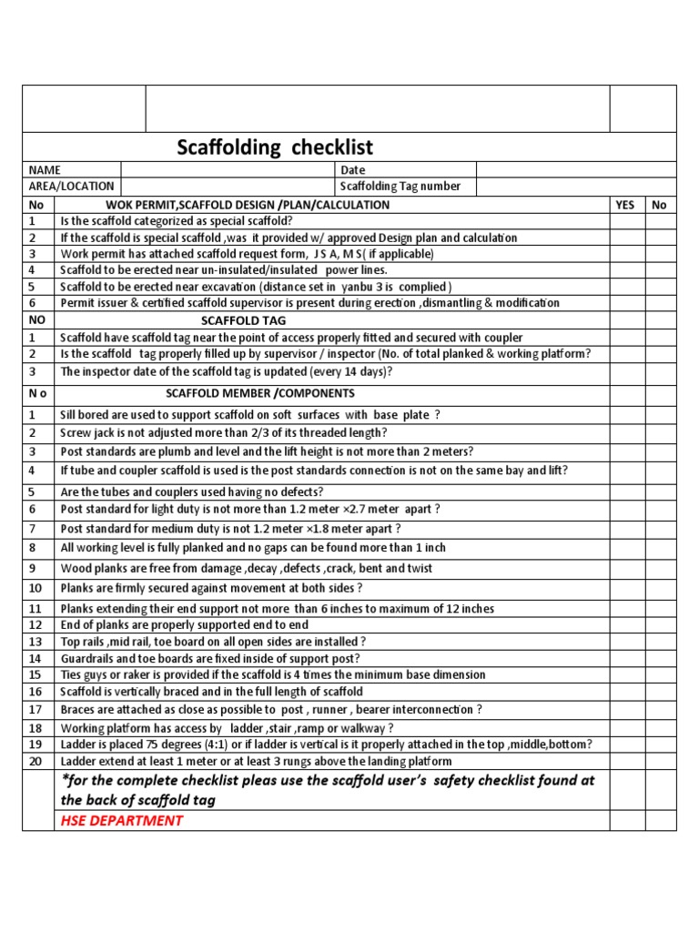 Scaffolding Checklist (for HSE Team) | PDF