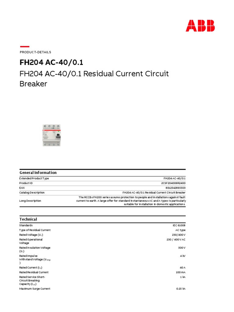 FH204 AC-40/0.1 RCCB Specifications | PDF | Alternating Current ...