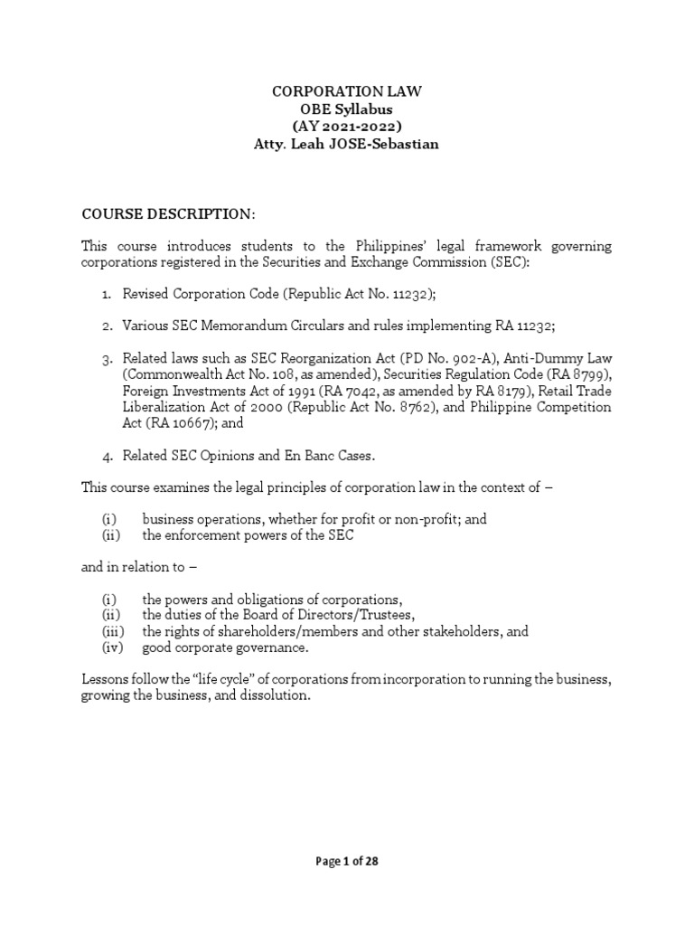 Revised OBE Syllabus | PDF | Corporate Law | Corporations Revised OBE Syllabus | PDF | Corporate Law | Corporations