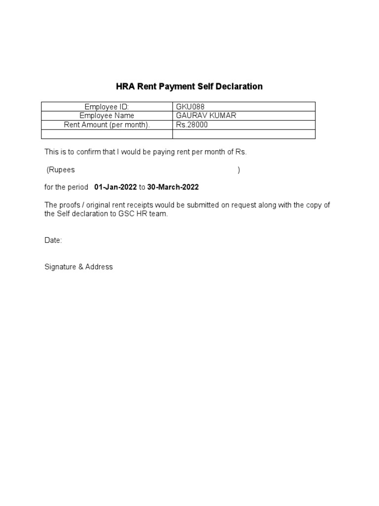 HRA Rent Payment Self Declaration Form | PDF