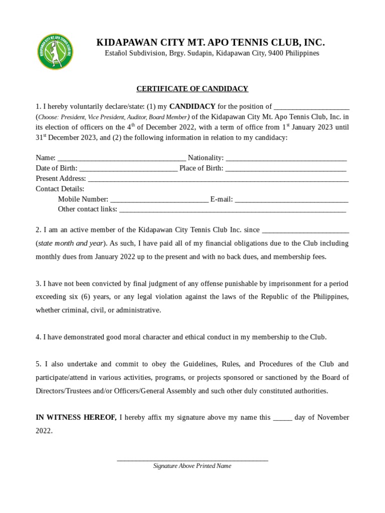 Certificate of Candidacy for Club Election | PDF
