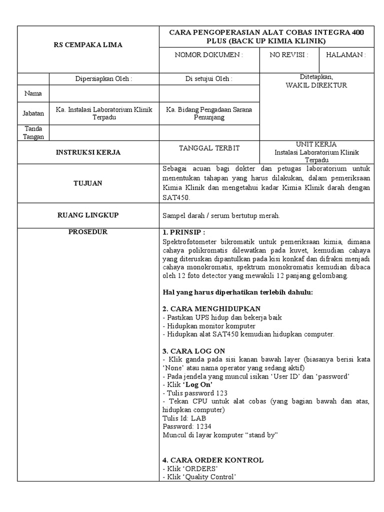 Panduan Pengoperasian Cobas Integra 400 Plus | PDF