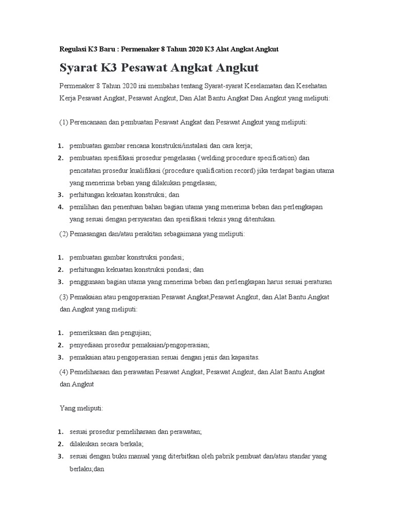 Syarat K3 Pesawat Angkat Angkut 2020 | PDF | Teknologi & Rekayasa