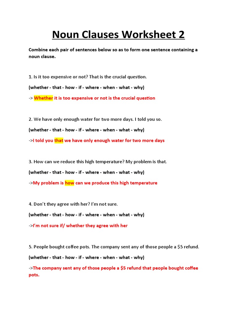 Noun Clauses Worksheet with Exercises | PDF | Sentence (Linguistics ...