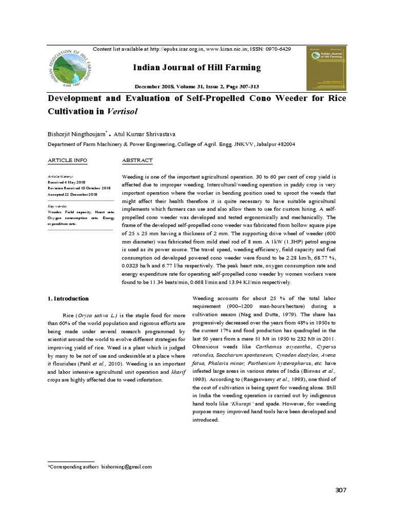 Self-Propelled Cono Weeder for Rice | PDF | Heart Rate | Agriculture