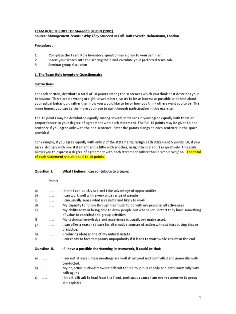 Team Role Inventory | PDF | Thought | Psychology