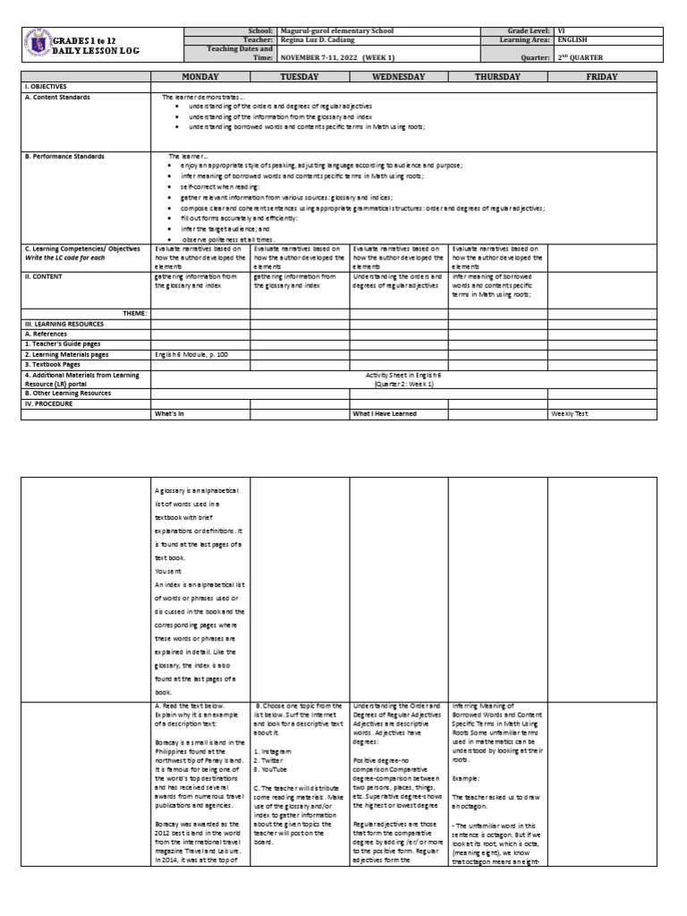 DLL - English 6 - Q2 - W1 | PDF | English Language | Adjective