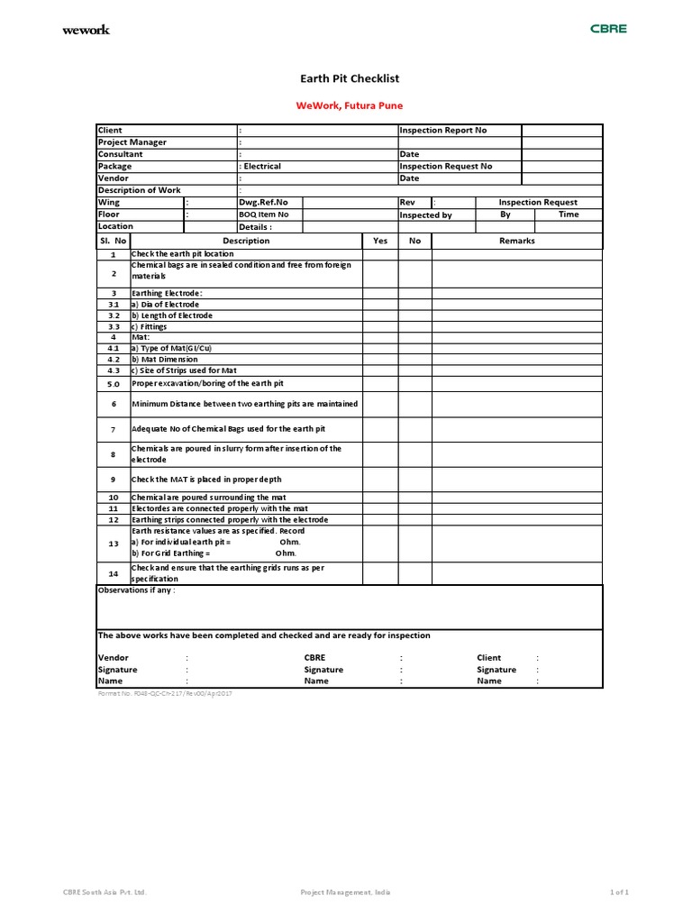 F048-QC Earth Pit Checklist | PDF | Electrode | Manufactured Goods
