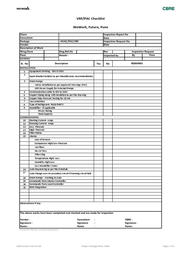F058-QC MEP VRF-PAC Check List | PDF | Pump | Manufactured Goods