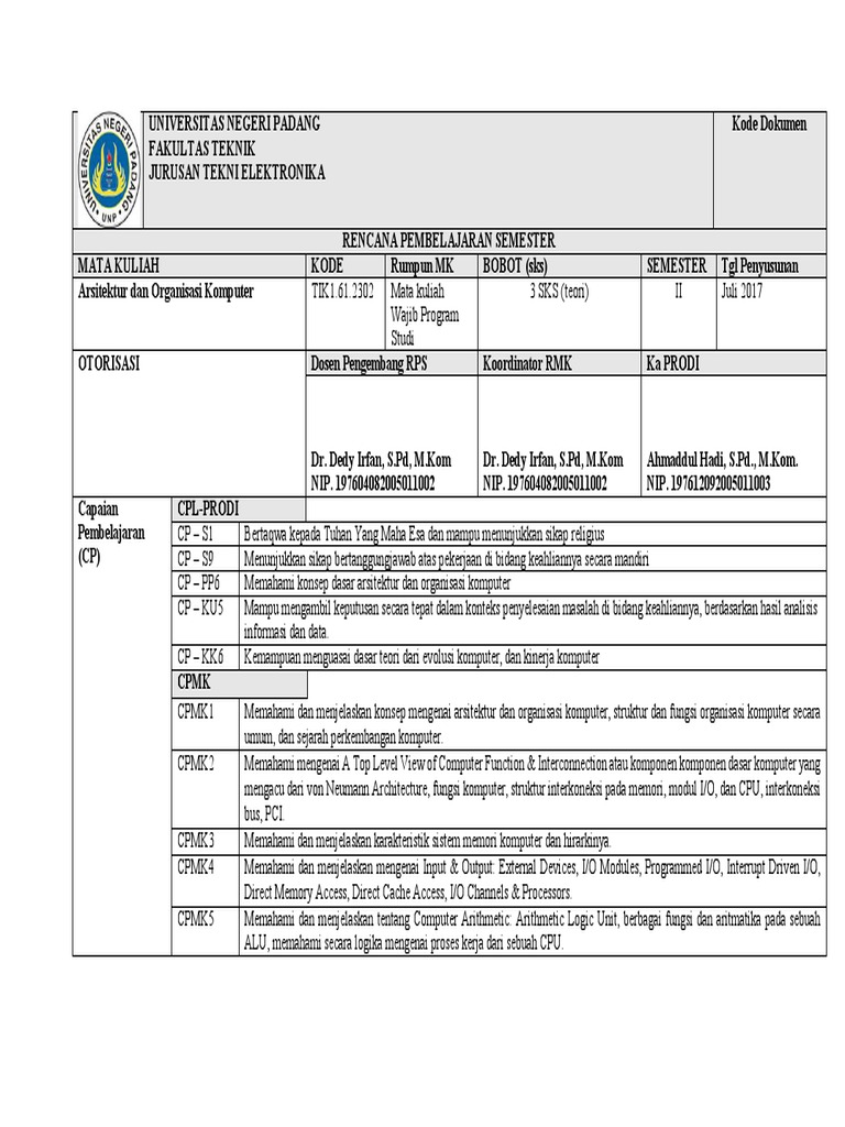 RPS Organisasi Dan Arsitektur Komputer 1 | PDF