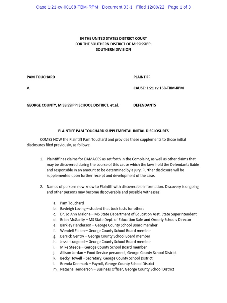 Touchard v. George County School District Disclosures | PDF | Common ...