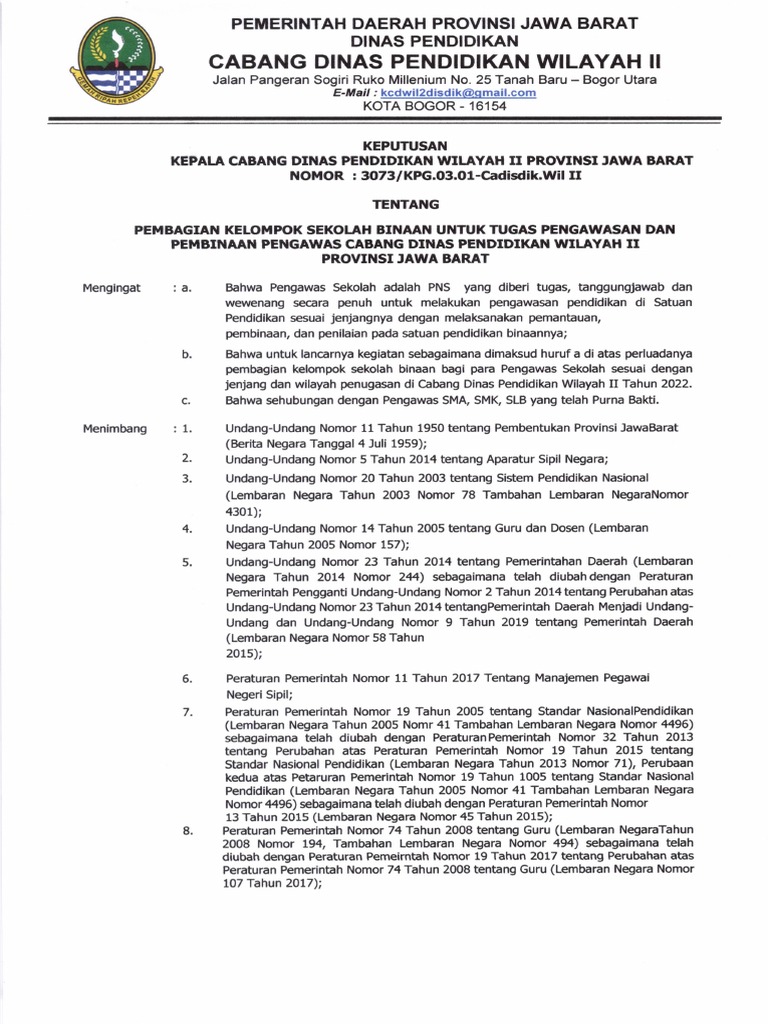 3073 SK PENGAWAS KELOMPOK SEKOLAH BINAAN PENGAWAS TAHUN 2022 (Pe | PDF