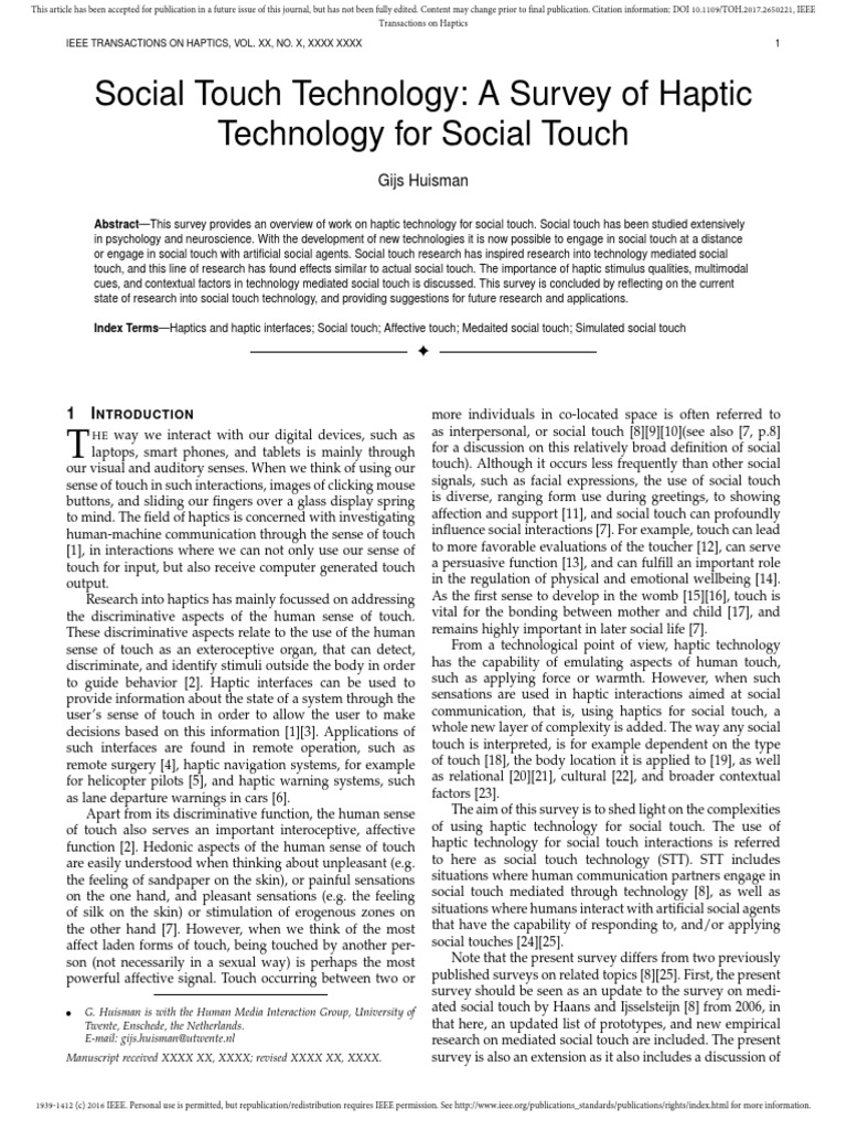 Social Touch Technology A Survey of Haptic | PDF | Somatosensory System ...